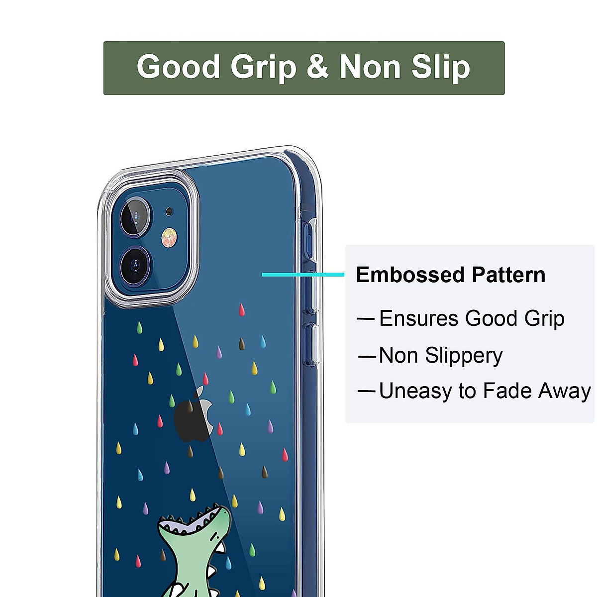 Unov Case Compatible with iPhone 12 Mini Case Clear with Design Slim Protective Soft TPU Bumper Embossed Pattern 5.4 Inch (Rainbow Dinosaur)