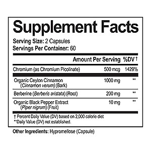 NutriFlair Ceylon Cinnamon, Berberine HCL, Chromium, Black Pepper Extract (Made with True Ceylon Cinnamon) - 1200mg per Serving, 120 Capsules - Lipid Levels, Antioxidant