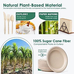Gezond Compostable Paper Plates Set 300 Pieces Disposable Plates 10-inch Eco-friendly Paper Plates Heavy-duty Utensils and Napkins for Party, Made From Sugarcane Pulp