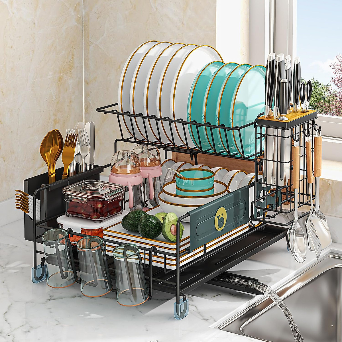 slhsy Dish Drying Rack for Kitchen Counter,Detachable 2 Tier Stainless Steel Dish Strainers with Utensil/Cup/Cutting-Board Holder and Knife Block Rust-Proof Dish Drainer，Black