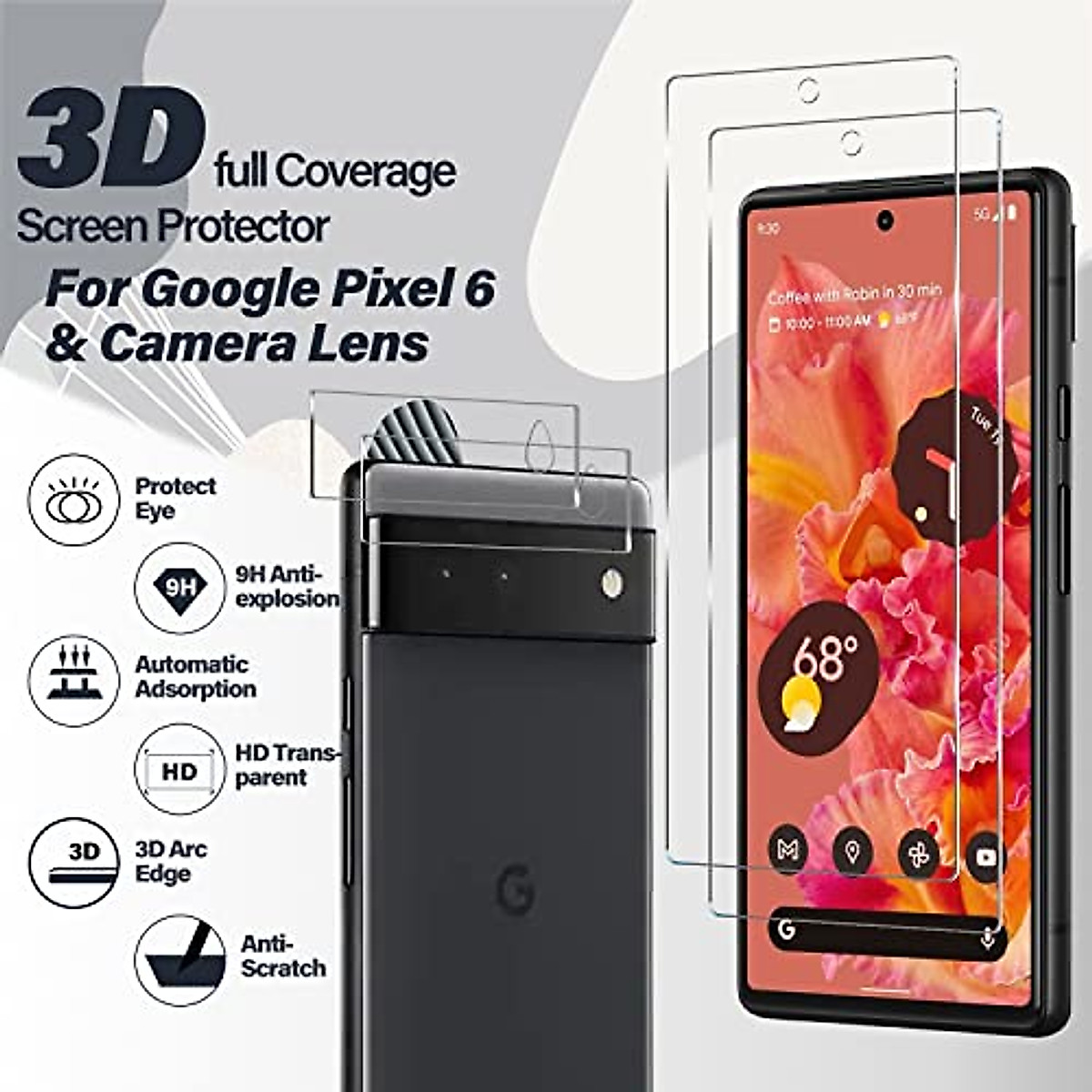 Pixel 6 Tempered Glass Screen Protector + Camera Lens Protector [ 2 + 2 Pack ][Fingerprint Unlock] [Anti-Scratch] [Case Friendly] HD Clear Protective Film for Google Pixel 6