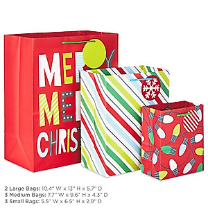 Hallmark Gift Bags Assorted Sizes (8 Bags: 3 Small 6", 3 Medium 9", 2 Large 13") Red, Green, Blue Stripes, Lights, "Merry Merry Christmas!"