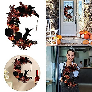 Pacoco Halloween Wreaths Decor with Lights for Front Door, 13.77" Halloween Moon Wreath with Black Cat Wood Wreath Halloween Wreath Horror Decorations for Home Party Window Wall Indoor Outdoor (03)