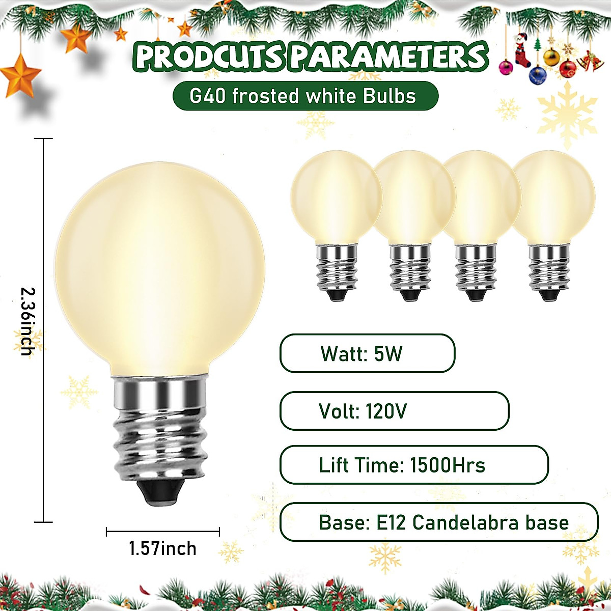G40 Replacement Light Bulbs, 5 Watt Frosted White Globe Incandescent Bulbs fits E12 Candelabra Base, Christmas String Lights Bulbs for Indoor Outdoor Patio Decor, 2200K Warm White -25 Pack