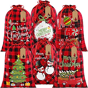 Aneco 6 Pieces Christmas Drawstring Gift Bags Red and Black Buffalo Plaid Fabric Bag Cotton Xmas Candy Bags with 24 Tags and 16 Feet Rope for Christmas Party Supplies, 15.7 x 11.8 Inch