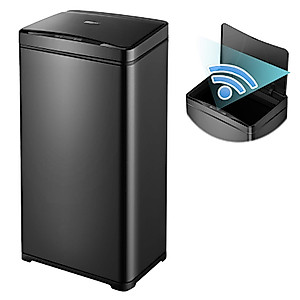 CozyBlock Automatic Trash Can for Kitchen, Black Steel Touchless Motion Sensor Bin, Wide Opening Soft Close Lid, LED Countdown Timer (13 Gallon)