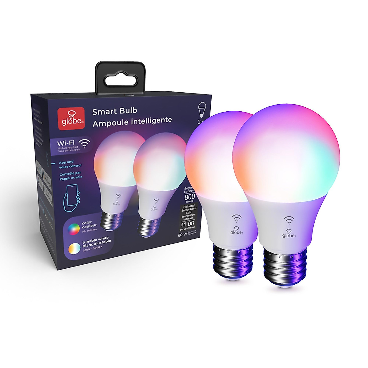 Globe Electric 34207 Wi-Fi Smart 10 Watt (60W Equivalent) Multicolor Changing RGB Tunable White Frosted LED Light Bulb 2-Pack, No Hub Required, Voice Activated, 2000K - 5000K, A19 Shape, E26 Base