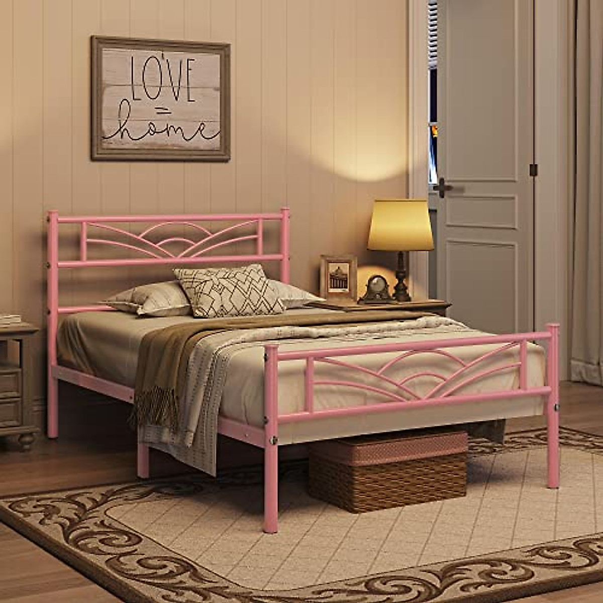 Yaheetech Twin Size Bed Frames Metal Platform Bed Mattress Foundation with Cloud-Inspired Design Headboard/Footboard/Ample Under Bed Storage/No Box Spring Needed/Pink