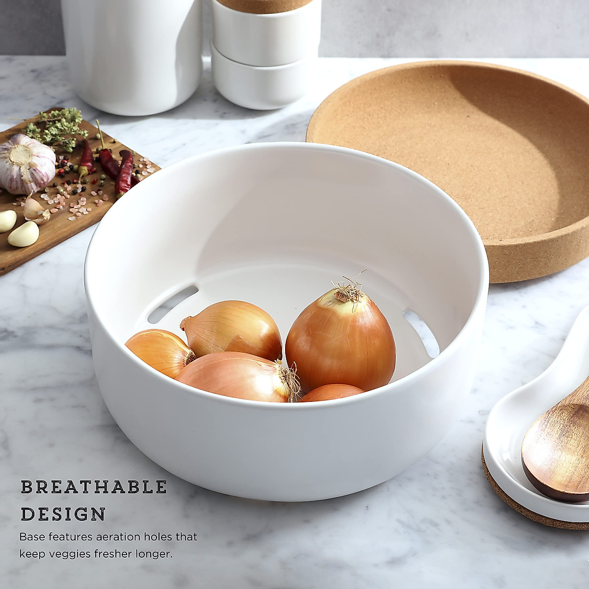 Kamenstein 2 Compartment Large Bowl Extends Produce Freshness, 11 x 11 x 6 Inch, Natural Cork and White Ceramic