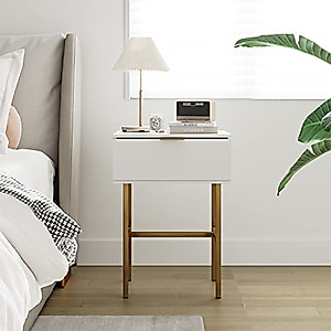 Masupu Nightstand,Mid-Century Modern Bedside Table with Drawer,Small End Table with Gold Frame for Bedroom,Living Room,Classic White