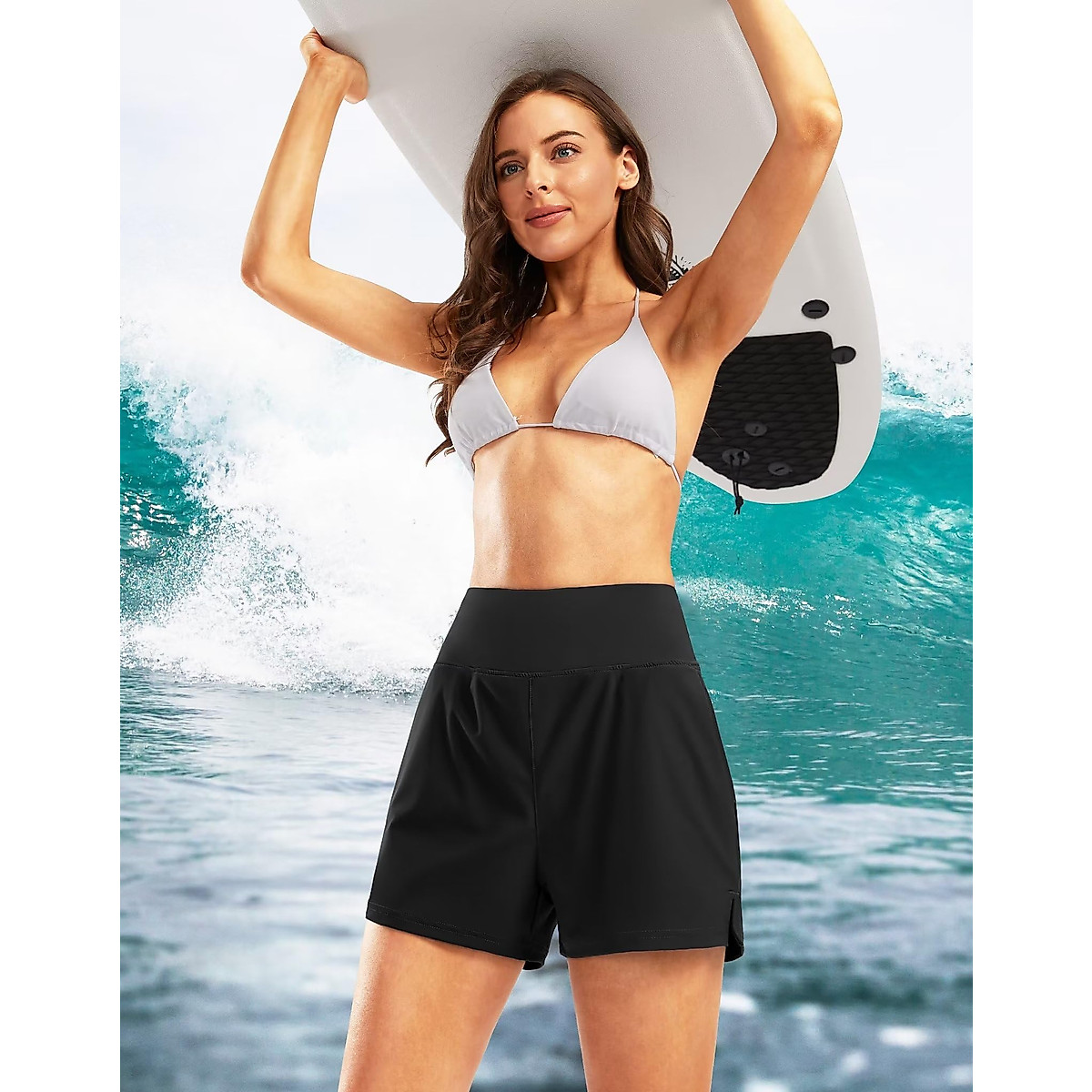 Viodia Women's 3" High Waisted Swim Shorts with Zipper Pocket Quick Dry Board Shorts for Women Swimsuit Shorts with Liner Black XS