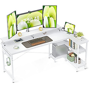 ODK Small L Shaped Desk, 66 inch Corner Desk with Reversible Storage Shelves, Computer Desk with Monitor Shelf and PC Stand for Home Office, Gaming Desk with Headphone Hooks, White