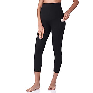 POSHDIVAH Women's Maternity Capri Leggings Over The Belly Pregnancy Workout Active Stretchy Pants with Pockets 2Pcs Black Small