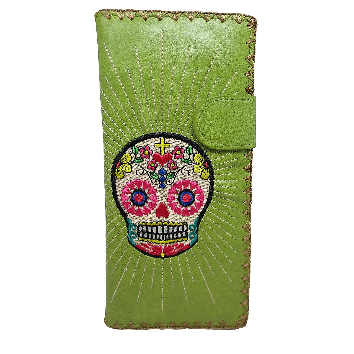 Lavishy Flower Sugar Skull Day of the Dead Embroidered Large Wallet (Green)