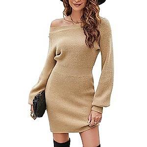 Blooming Jelly Womens Sweater Dress Sweater Knit Long Sleeve Elegant Mini Sweaters Fall 2023(Large, Khaki)