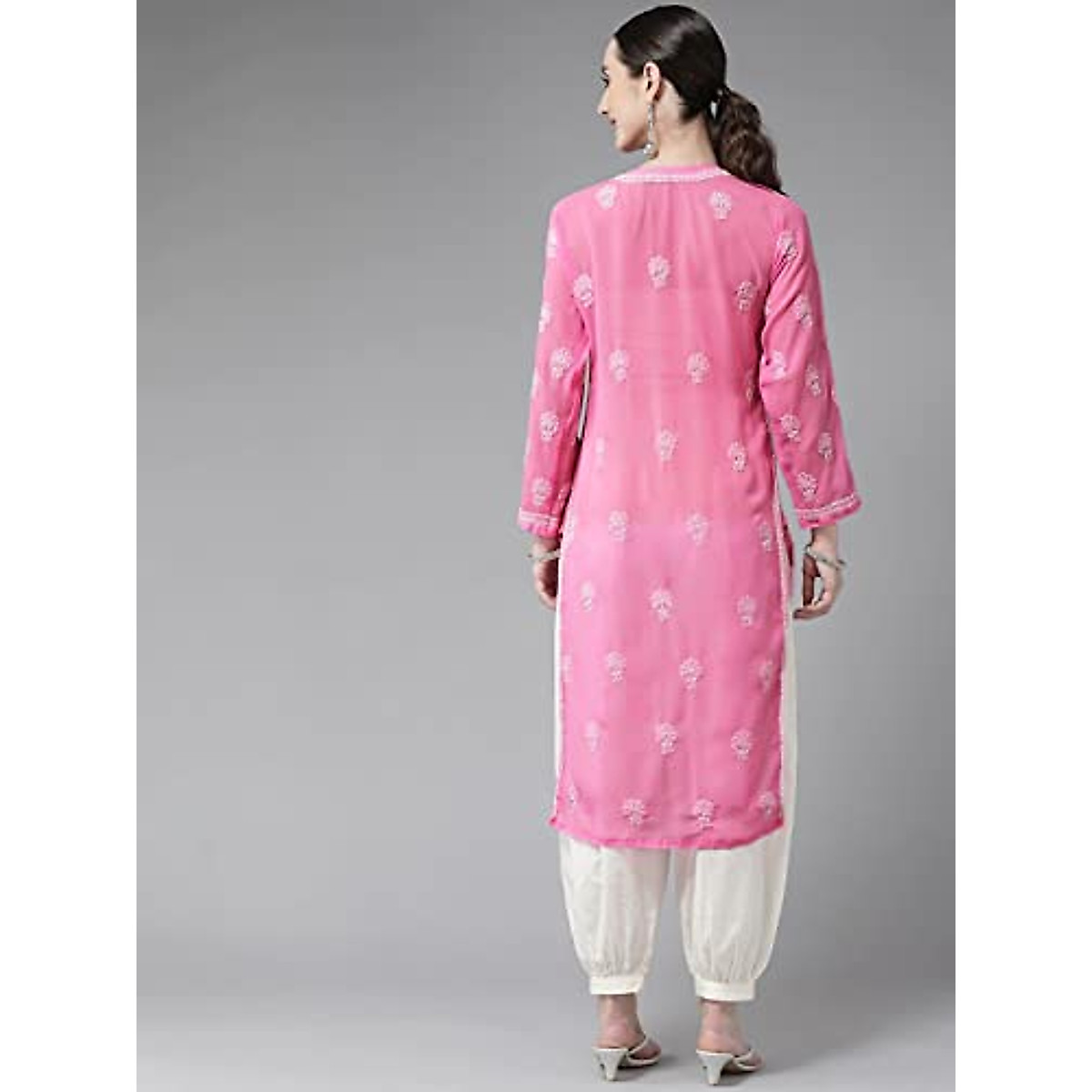 Ada Hand Embroidered Indian Chikankari Traditional Georgette Kurti Kurta Tunic Dress A411221 (L, Pink)