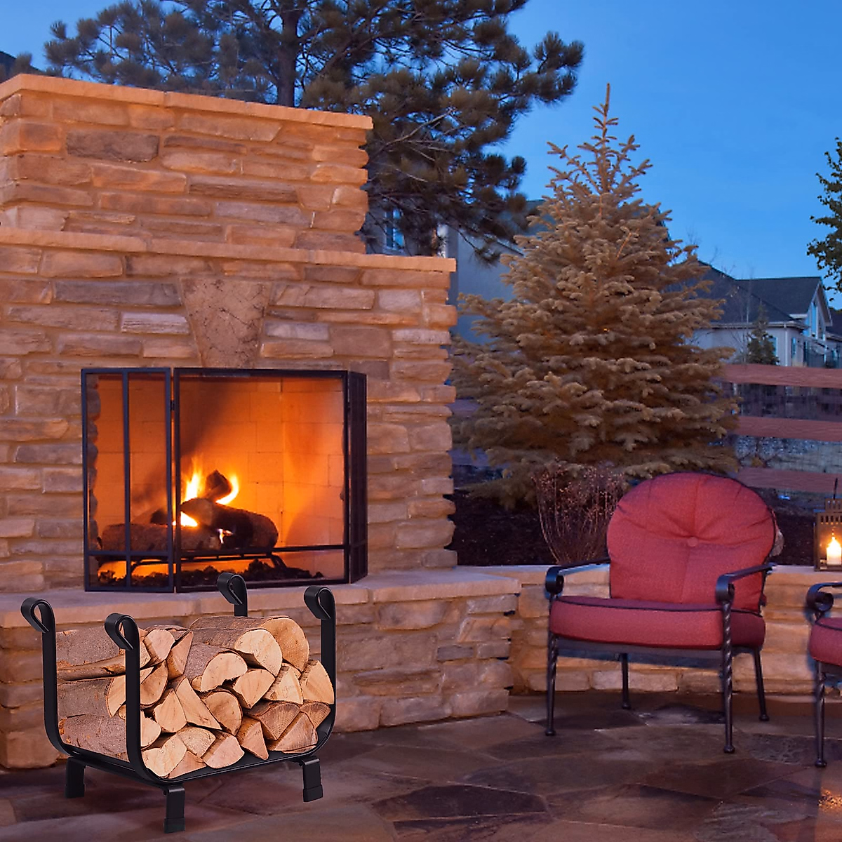 Gtongoko 16 Inch Firewood Rack Indoor Log Rack Wood Holder with Thicken Iron Bottom Plate and Scrolls, Black