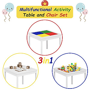 4NM 3 in 1 Kids Table Set for 2, Children Table and Chairs, Toddler Play Activity Table with Hidden Storage Wood Building Block Table Desk for Ages 3-7- Color White