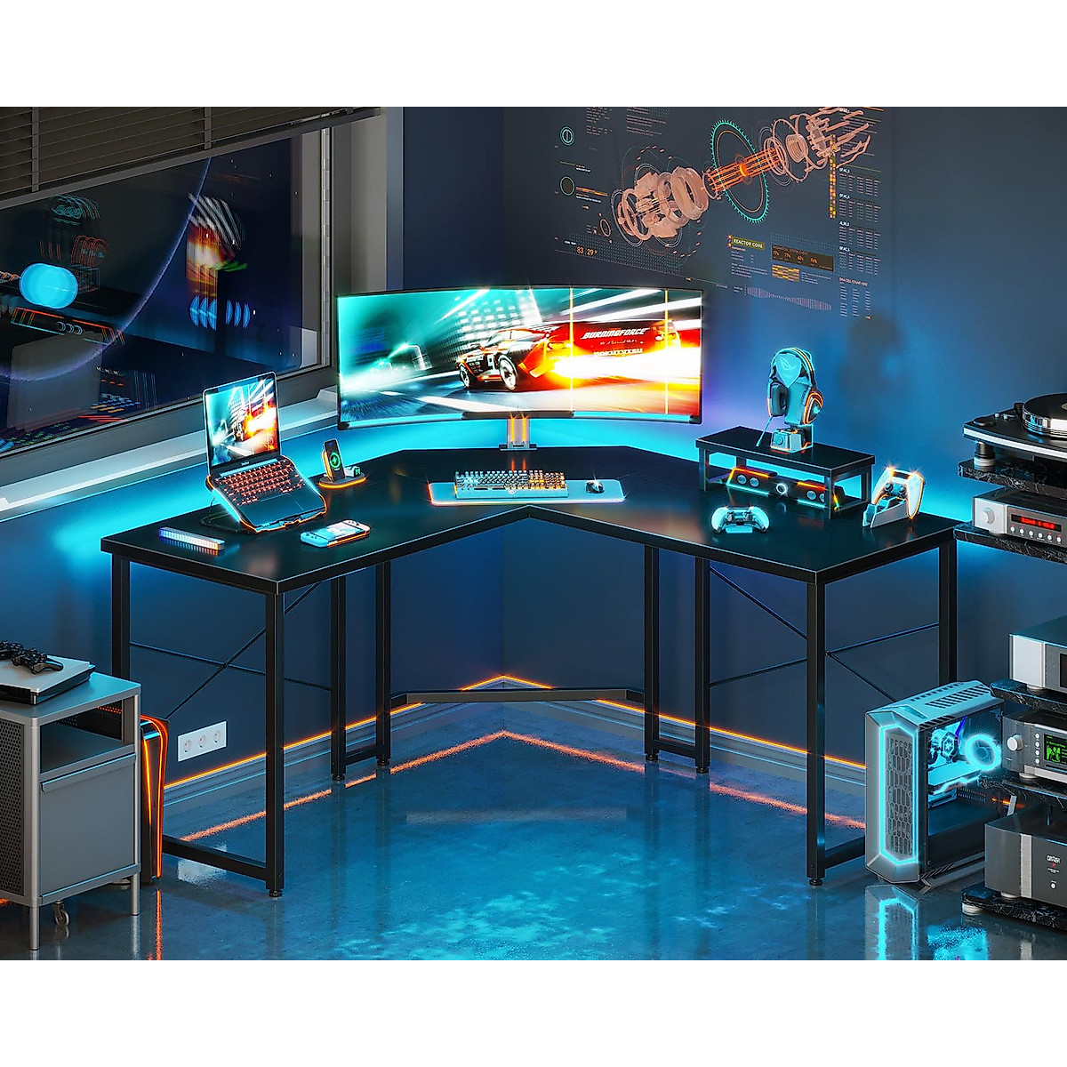 AODK L Shaped Gaming Desk, Computer Corner Desk, PC Gaming Desk Table with Large Monitor Riser Stand for Home Office Sturdy Writing Workstation,51 * 19 inch,Classical Black