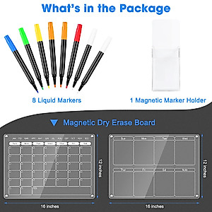 Acrylic Magnetic Fridge Calendar & Weekly Planner Monthly Dry Erase Board for Refrigerator w/ 8 Markers & Magnetic Pen Holder Meal Planning Whiteboard 16''x12'', 2 Boards (Calendar + Weekly Planner)