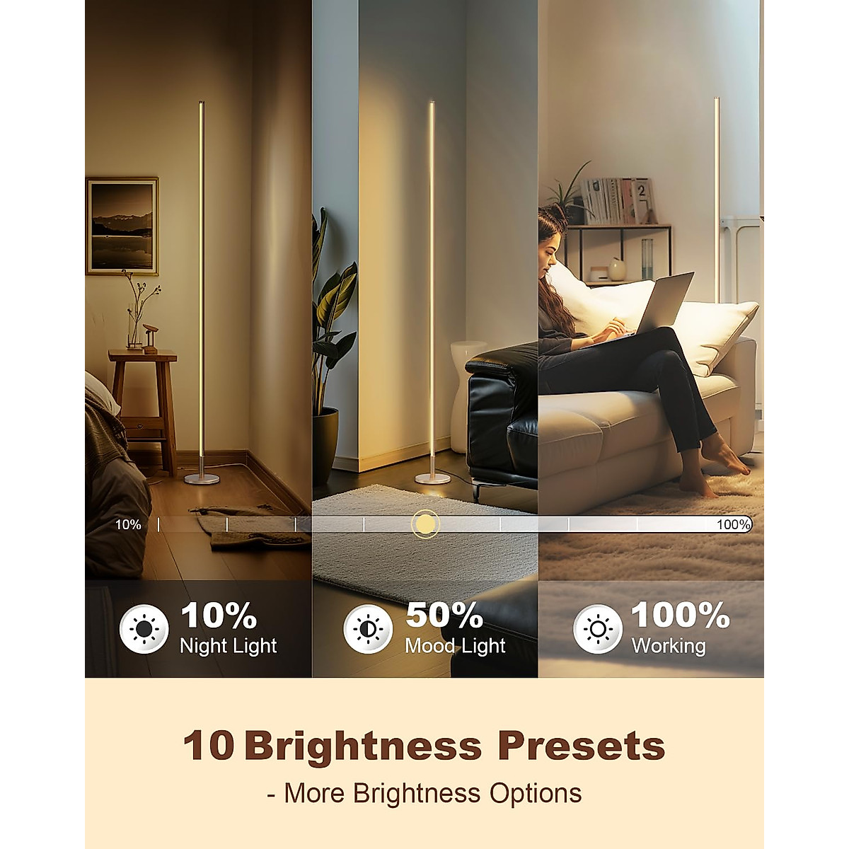 TACAHE Minimalist Corner Floor Lamp - 2700K-6500K Dimmable LED Night Light - Modern Standing Mood Lamp with Remote Control for Living Room, Bedroom - 57" 12W - Gold