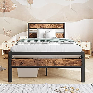 HOJINLINERO Twin Bed Frames with Wood Headboard,Platform Bed Frame Twin No Box Spring Needed,Heavy Duty Steel Slats, More Sturdy, Noise-Free,Rustic Brown