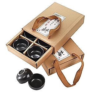 Foraineam 12 Pcs Ceramic Sake Tea Cups, 1.5 Ounces / 45ml Premium Black Pottery Asia Japanese Teacups Set, Kungfu Style Tea Accessories Handcraft Gift Box Pack