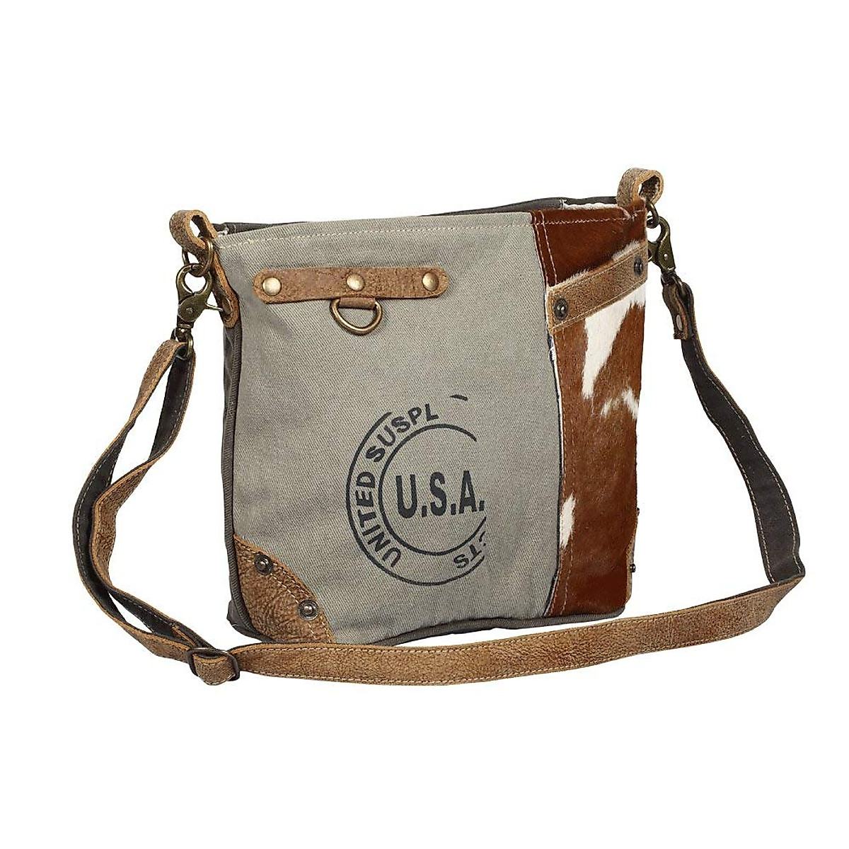 USA Stamp Upcycled Canvas and Hair-On Cowhide Leather Crossbody Bag