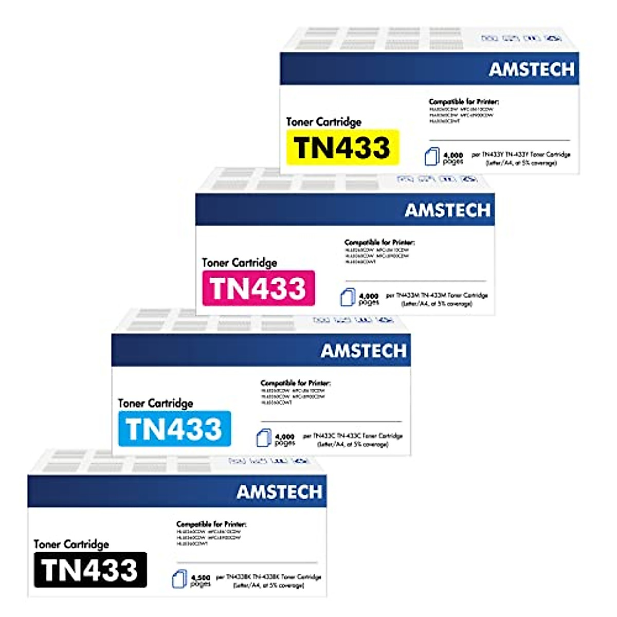 TN-433 TN 433 TN433 Toner Cartridges 4 Pack Compatible for Brother MFC-L8900CDW TN-433 TN433BK TN433C TN433M TN433Y for MFC-L8900CDW HL-L8360CDW HL-L8260CDW MFC-L8610CDW HL-L8360CDWT Printer