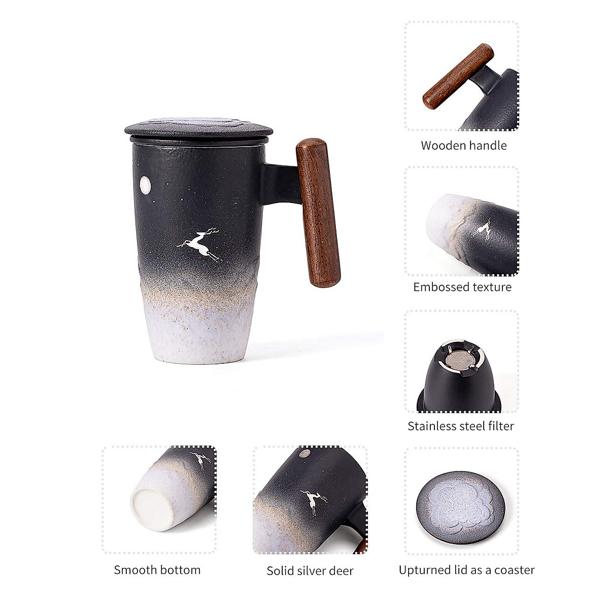 TANG PIN Moonlight Deer Ceramic Tea Cup with Infuser and Wooden Handle Steeping Mug 13.5 OZ (Black&White)