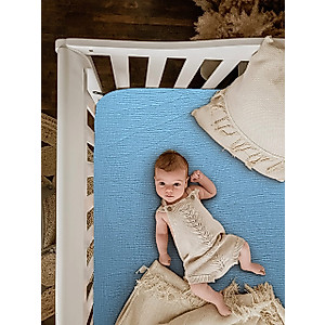 Muslin Crib Sheet, Muslin Fitted Crib Sheet, Soft Fitted Crib Sheet, Stretchy and Breathable Toddler Crib Sheet for Boys and Girls, Fits Standard Crib and Toddler Mattress (Dusty Blue)