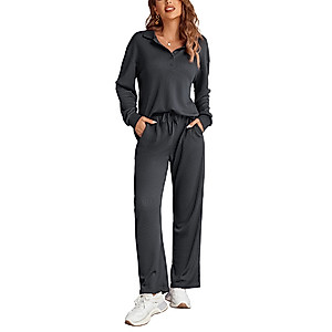 Ekouaer Waffle Knit Pajamas Set for Women 2 Piece Outfits Long Sleeve Button Top and Wide Leg Pant with Pockets Loungewear Dark Grey M