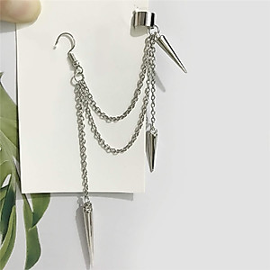 DAMLENG Lightweight Unique Black Punk Long Tassel Chain Ear Cuff Earrings 316L Stainless Steel Vintage Barrel Nails Crawler Climer Dangle Drop Earrings for Men Women Unisex (Silver)
