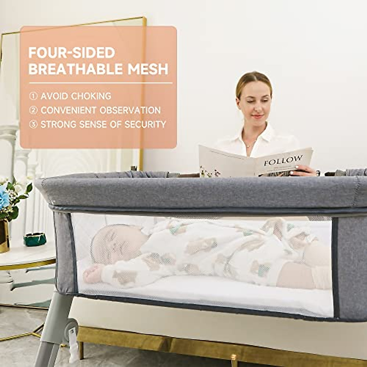 Gyvif Baby Bassinet Bedside Sleeper Crib, Easy Folding Co Sleeper Bed Side Adjustable Height Portable Crib with Wheels for Newborn