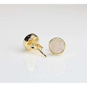 White Druzy Quartz Stud Earrings-Genuine Drusy Gemstone-Gold-8mm-Jewelry Gift Idea-Holiday-Stocking Stuffer-New Years (White Druzy)
