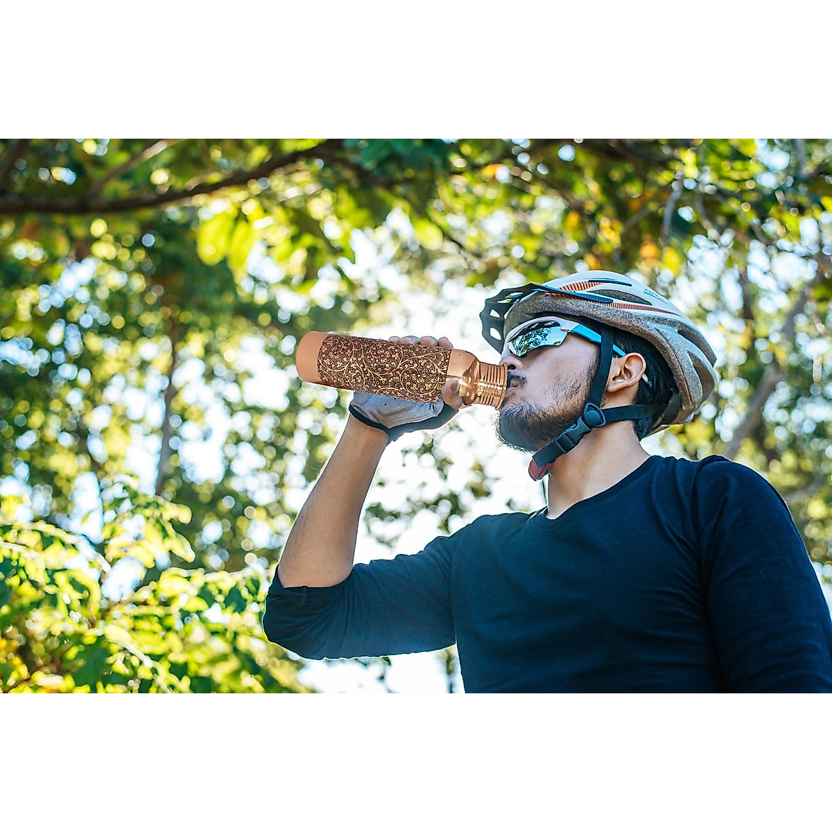 VIBRANIC Aquatic Copper Water Bottle 34oz - Leak Proof - Ayurvedic Copper Bottle for Sports, Fitness, Yoga - Natural Health Benefits - DARK EMBOSSED - Made in India