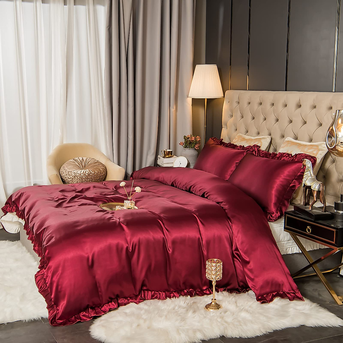 3 Pieces Satin Duvet Cover Silky Red Bedding Set Luxury Satin Lace Ruffled Fringed Super Smooth Soft Silk Like Microfiber Burgundy Red Duvet Cover Set Queen with 2 Pillowcases