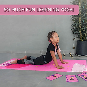 Kids Yoga Mat Set - Fun Unicorn Yoga Mat for Girls - Comfortable - Chemical Free - Non-Toxic - Non-Slip - 60 X 24 X 0.2 Inches - w/ 12 Yoga Cards for Kids - Carrier Bag with Strap - Pink - Ages 4-12
