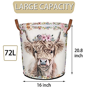Mozaigos Highland Cow Laundry Basket Waterproof Collapsible Laundry Hamper Tote With Handles Toy Storage Basket Organizer Dirty Clothes Hamper for College Dorm, Bathroom, Bedroom, Living Room