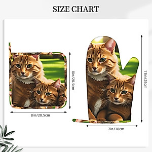 Four Cats Silicone Oven Mitts Pot Holder Sets 2pcs Cute Design Washable Non Slip Kitchen Heat Resistant Mat Women's Cooking Gloves for Baking and BBQ Wear