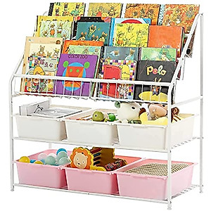 Large Kids Bookshelf With 6 Storage Box,5 Tier Metal Kids Bookcases Children's Toy Storage Rack, 6 Storage Drawer for Books Toys storage, Book Unit Storage Shelf for Playroom, Bedroom, Study Room.
