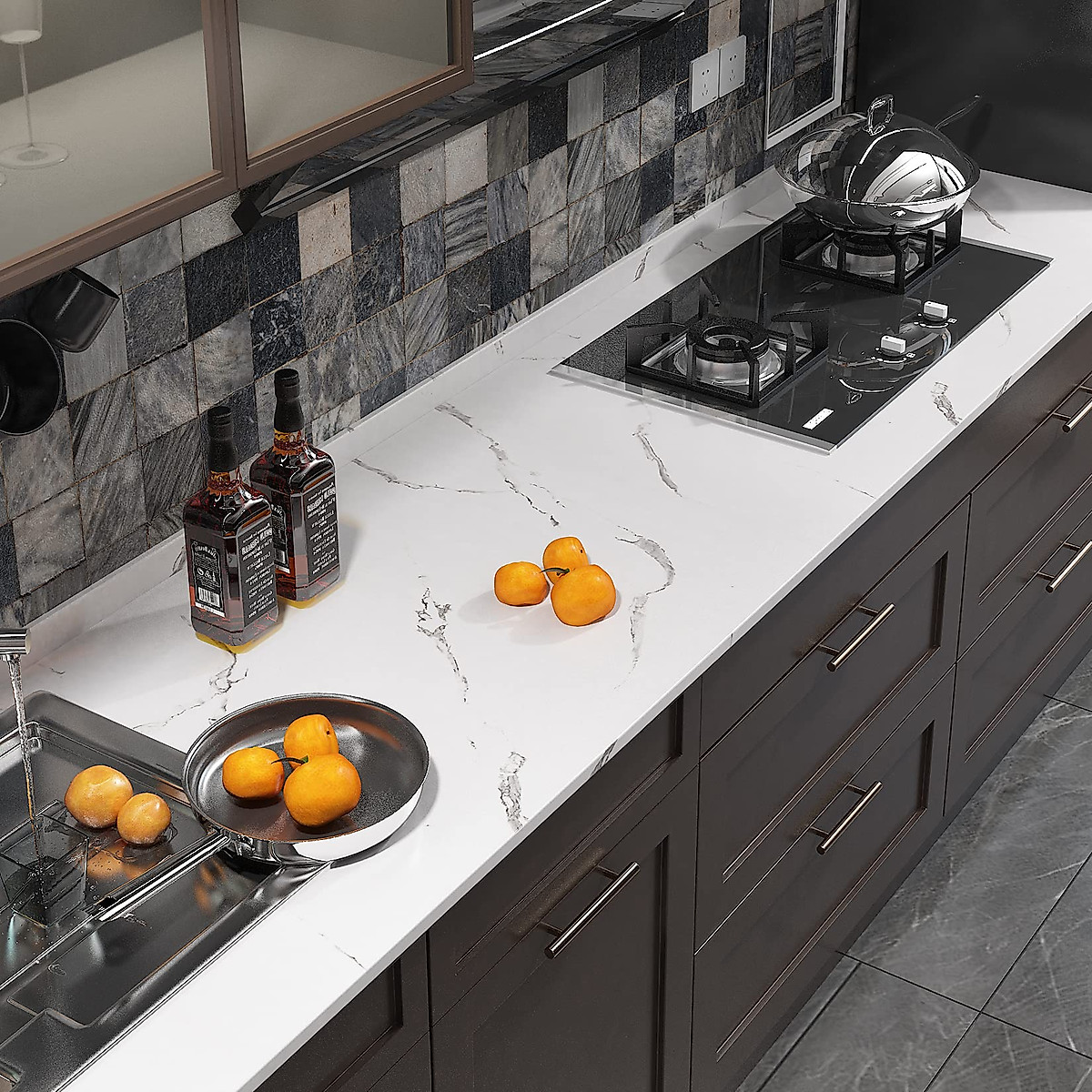 FunStick White Marble Contact Paper Peel and Stick Countertop Covers for Bathroom Kitchen Counter Top Wallpaper