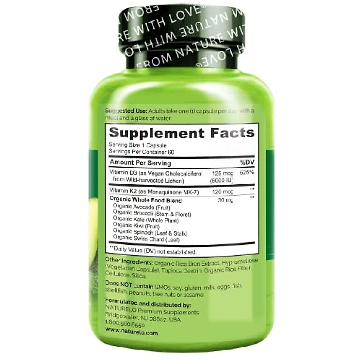 NATURELO Vegan K2+D3 - Plant Based D3 from Lichen - Natural D3 Supplement for Immune System, Bone Support, Joint Health - Whole Food - Vegan - Non-GMO - Gluten Free (60 Count (Pack of 1))