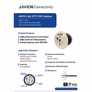 JAVEX CAT6 Ourdoor UL CMX [23AWG Solid Bare Copper] 1000 FT, 600MHz, ETL Listed, UV-Resistant and Weather-Proof PE Jacket, UTP Network and Gaming Ethernet Cable, 1000 feet, Black