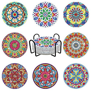 ASIPHITU Diamond Painting Coasters with Holder 8 Pcs Mandala Coasters Diamond Art Kits DIY Arts and Crafts for Adults Beginners & Kids