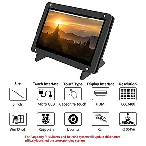 5 inch Capacitive Touch Screen for Raspberry Pi 4-800x480 Pixels HD HDMI Display Touchscreen Portable Monitor with Acrylic Case, Holder and Cables (Support Pi 3B+ & Pi 4,Windows)