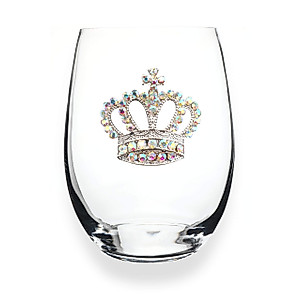 THE QUEENS' JEWELS Aurora Borealis Crown Jeweled Stemless Wine Glass, 21 oz. - Dazzlingly Regal, Queen, Hand-Decorated With Colorful Rhinestone