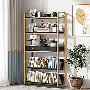 YAOHUOO Bookshelf with 2 Drawers-31.5” Widen Industrial Book Shelf with Bookend, 5 Tiers Tall Storage Shelves, Steel Frame Display Rack, Suitable for Bedroom,Office,Living Room,Bathroom