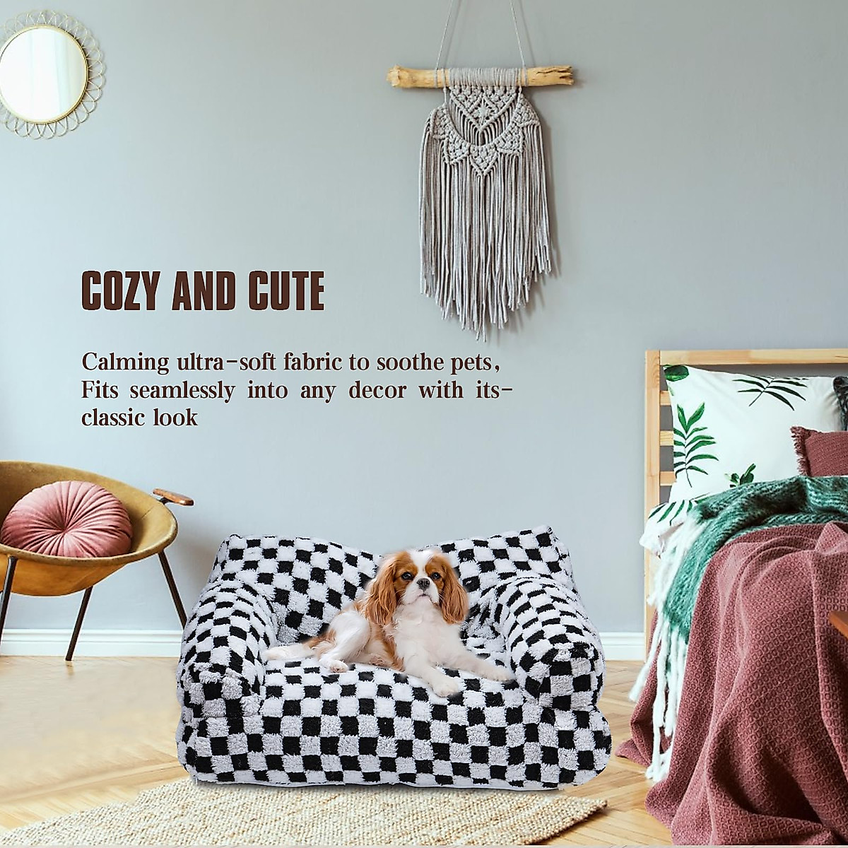 FORMYCATIE Pet Couch Bed, Washable Cat Beds for Medium Small Dogs & Cats up to 25 lbs, Soft Calming Cat Sofa Beds for Indoor Cats Anti-Slip Bottom，Fluffy Cat Couch (White)