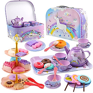 Motiloo 48Pcs Tea Set for Little Girls,Kids Pretend Toy Tin Tea Set and Carrying Case,Rainbow Magic Unicorn Design for Girls Princess Boys 3-6